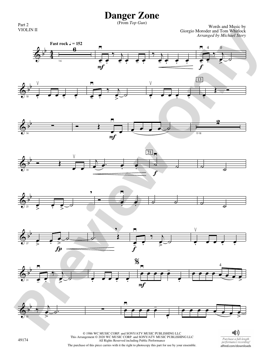 Danger Zone: Part 2 - Violin I: Part 2 - Violin I Part - Digital Sheet ...