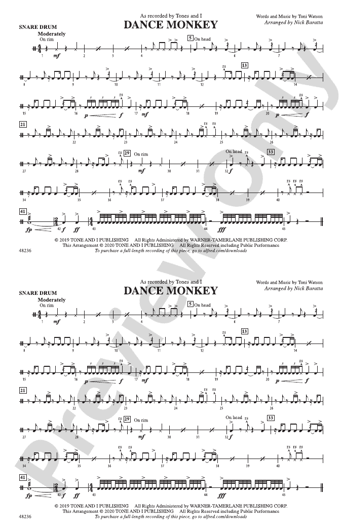 Dance Monkey: Snare Drum: Snare Drum Part - Digital Sheet Music Download