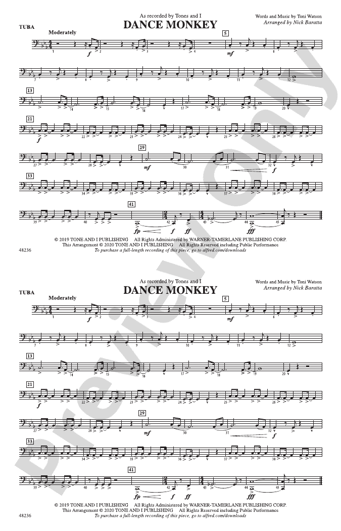 Dance Monkey: Tuba: Tuba Part - Digital Sheet Music Download