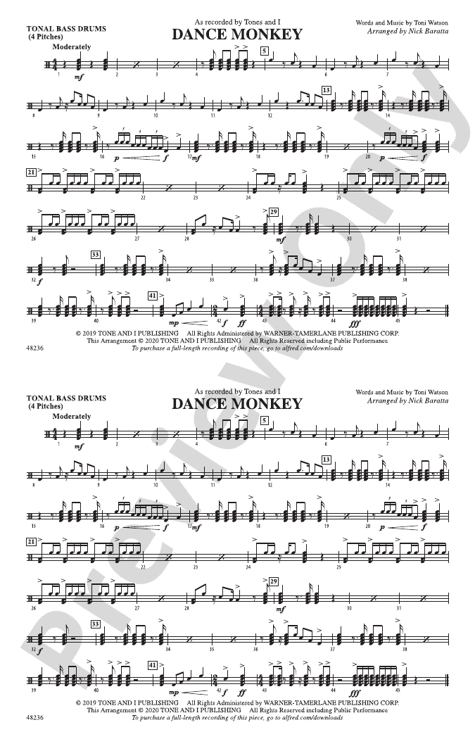Dance Monkey: Tonal Bass Drum: Tonal Bass Drum Part - Digital Sheet ...