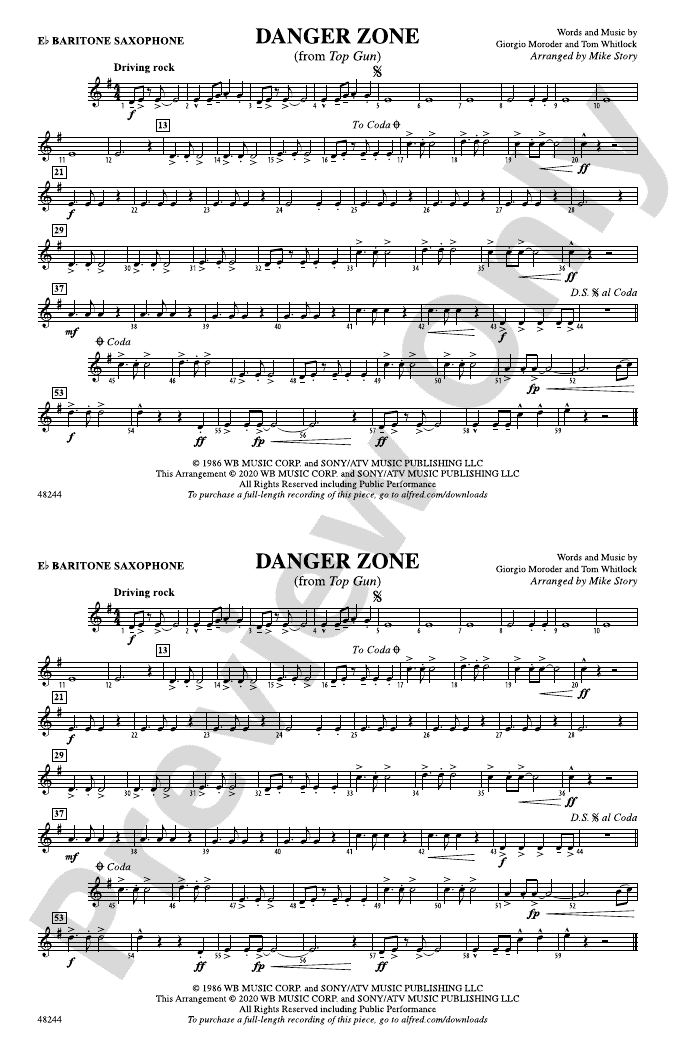 Danger Zone: E-flat Baritone Saxophone: E-flat Baritone Saxophone Part - Digital Sheet Music ...