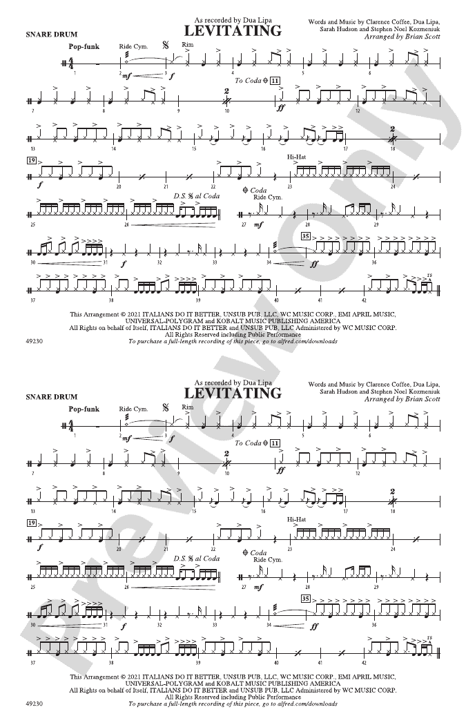 Levitating: Snare Drum: Snare Drum Part - Digital Sheet Music Download