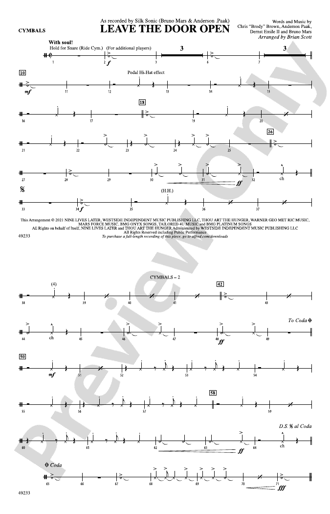 Leave the Door Open: Cymbals: Cymbals Part - Digital Sheet Music Download