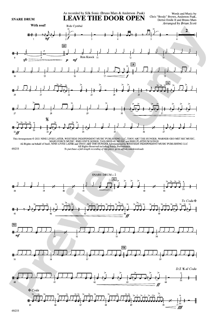 Leave the Door Open: Snare Drum: Snare Drum Part - Digital Sheet Music ...