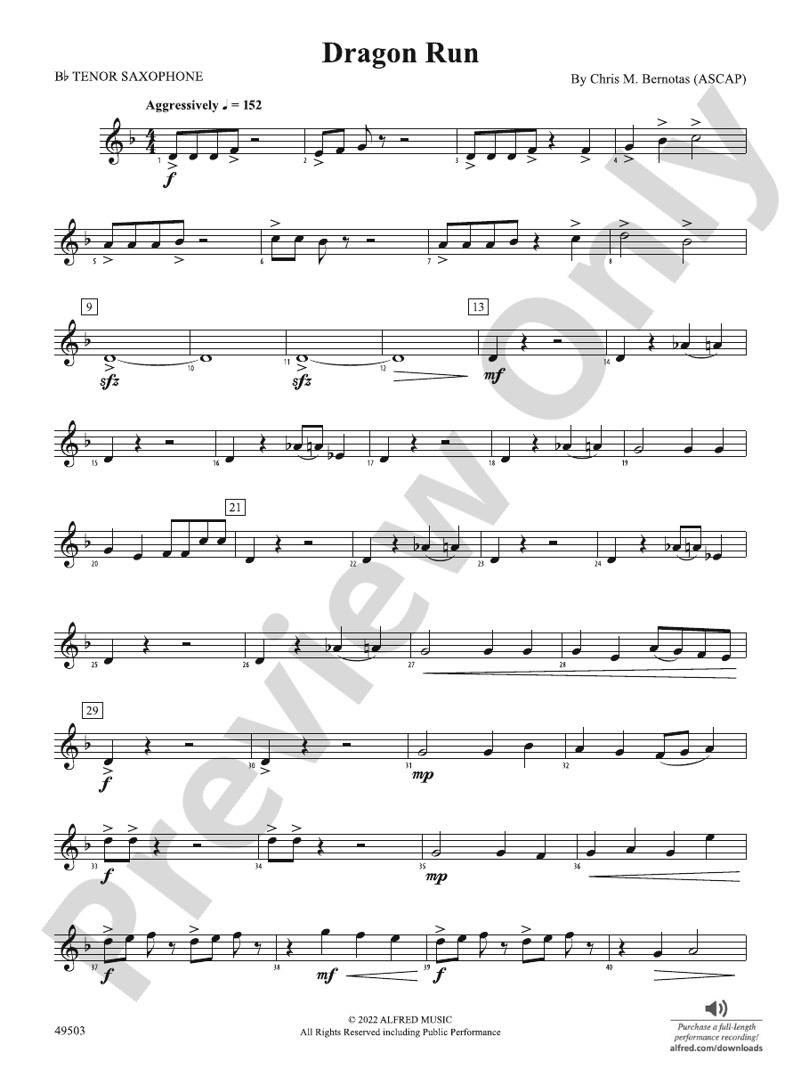 Dragon Run: B-flat Tenor Saxophone: B-flat Tenor Saxophone Part - Digital Sheet Music Download