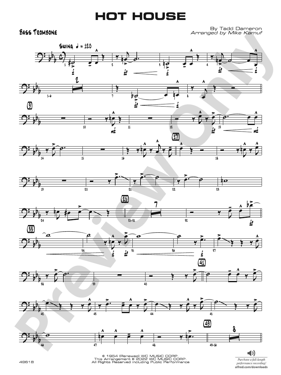 Hot House: Bass Trombone: Bass Trombone Part - Digital Sheet Music Download