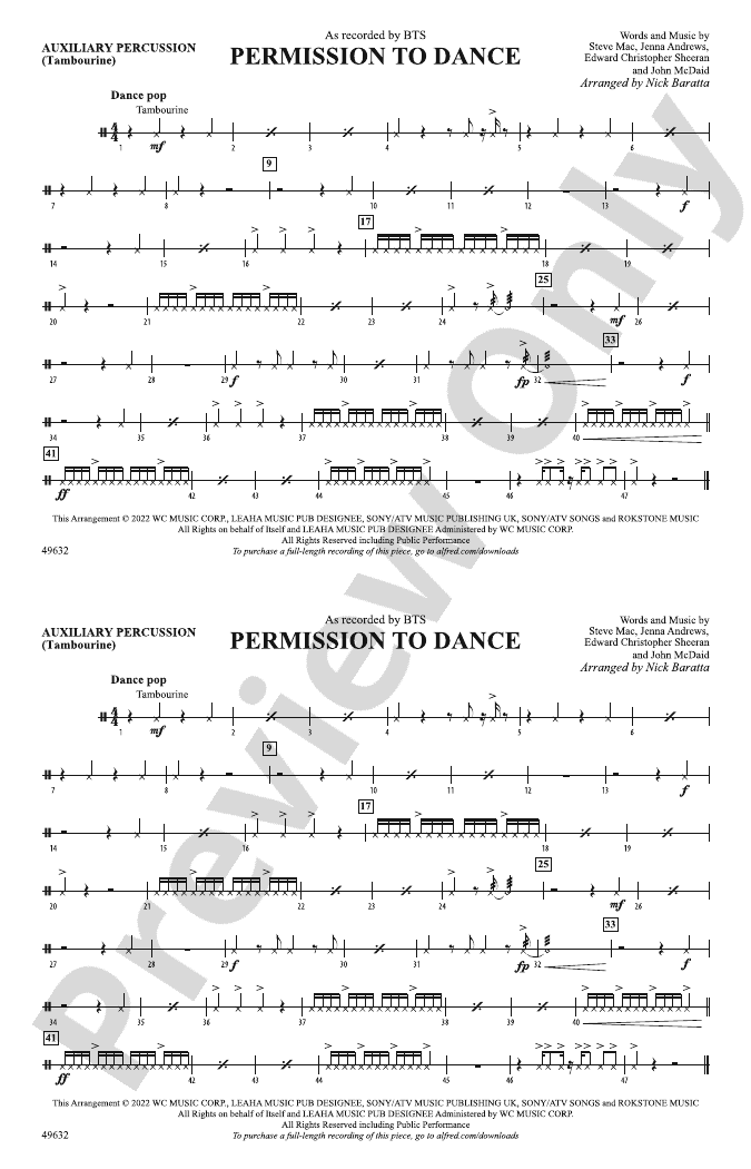 Permission to Dance: Auxiliary Percussion: Auxiliary Percussion Part ...