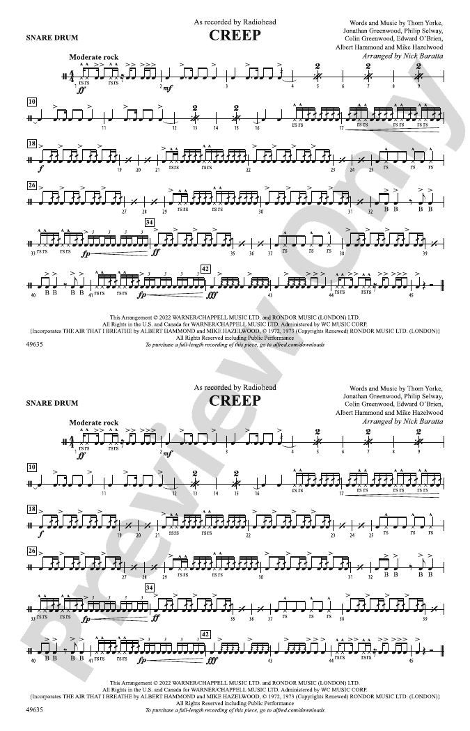 Creep: Snare Drum: Snare Drum Part - Digital Sheet Music Download