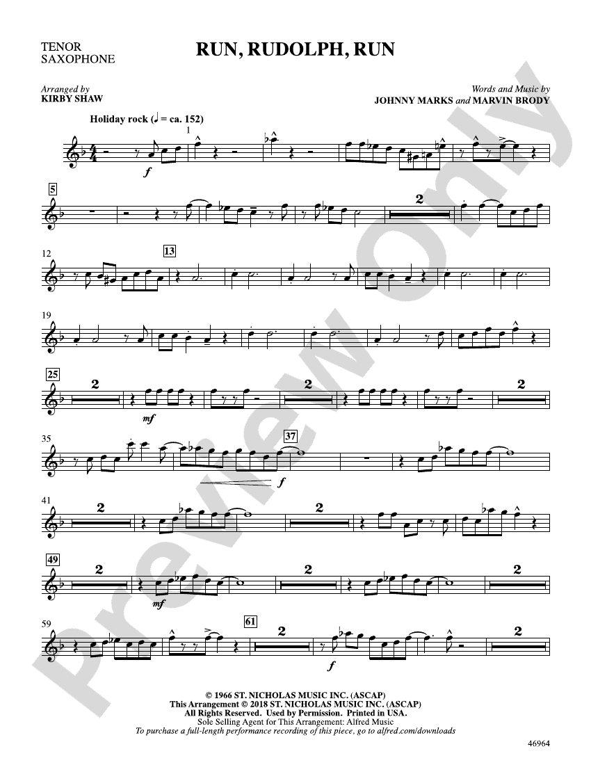 Run, Rudolph, Run: B-flat Tenor Saxophone: B-flat Tenor Saxophone Part ...