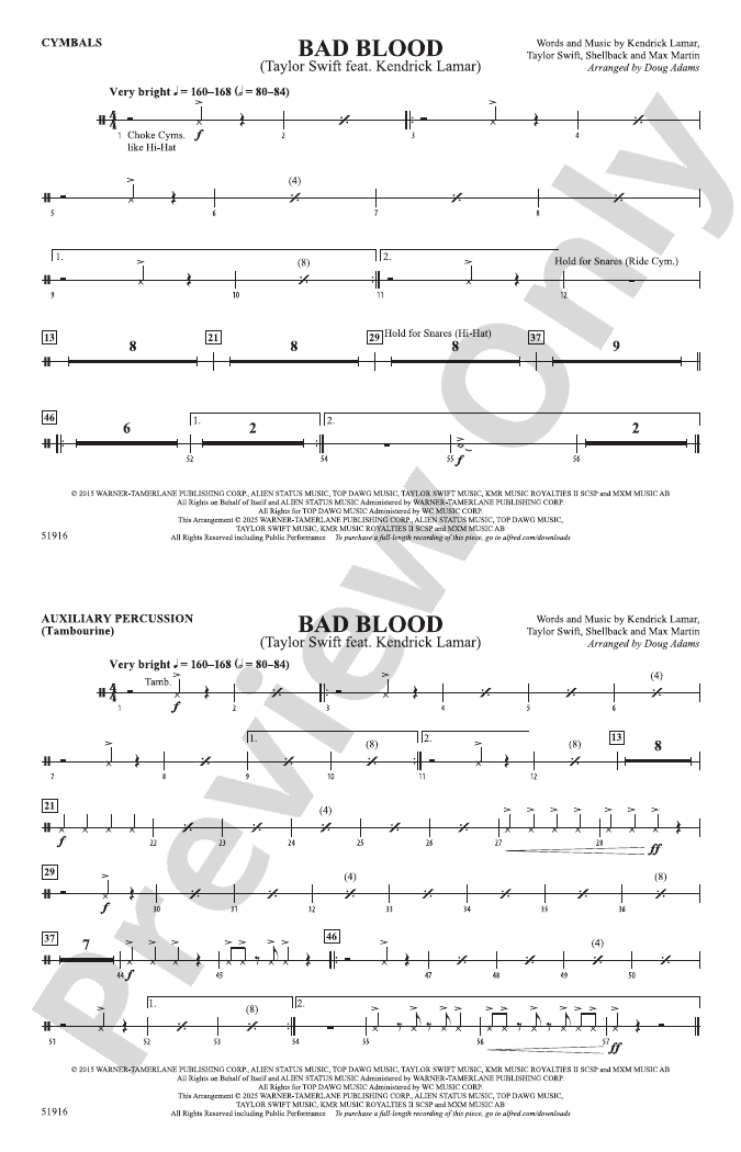 Bad Blood: Cymbals: Cymbals Part - Digital Sheet Music Download