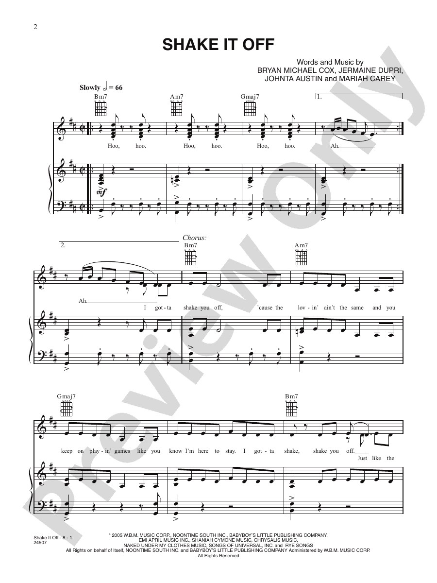 Shake It Off: Piano/Vocal/Chords: Mariah Carey - Digital Sheet Music Download