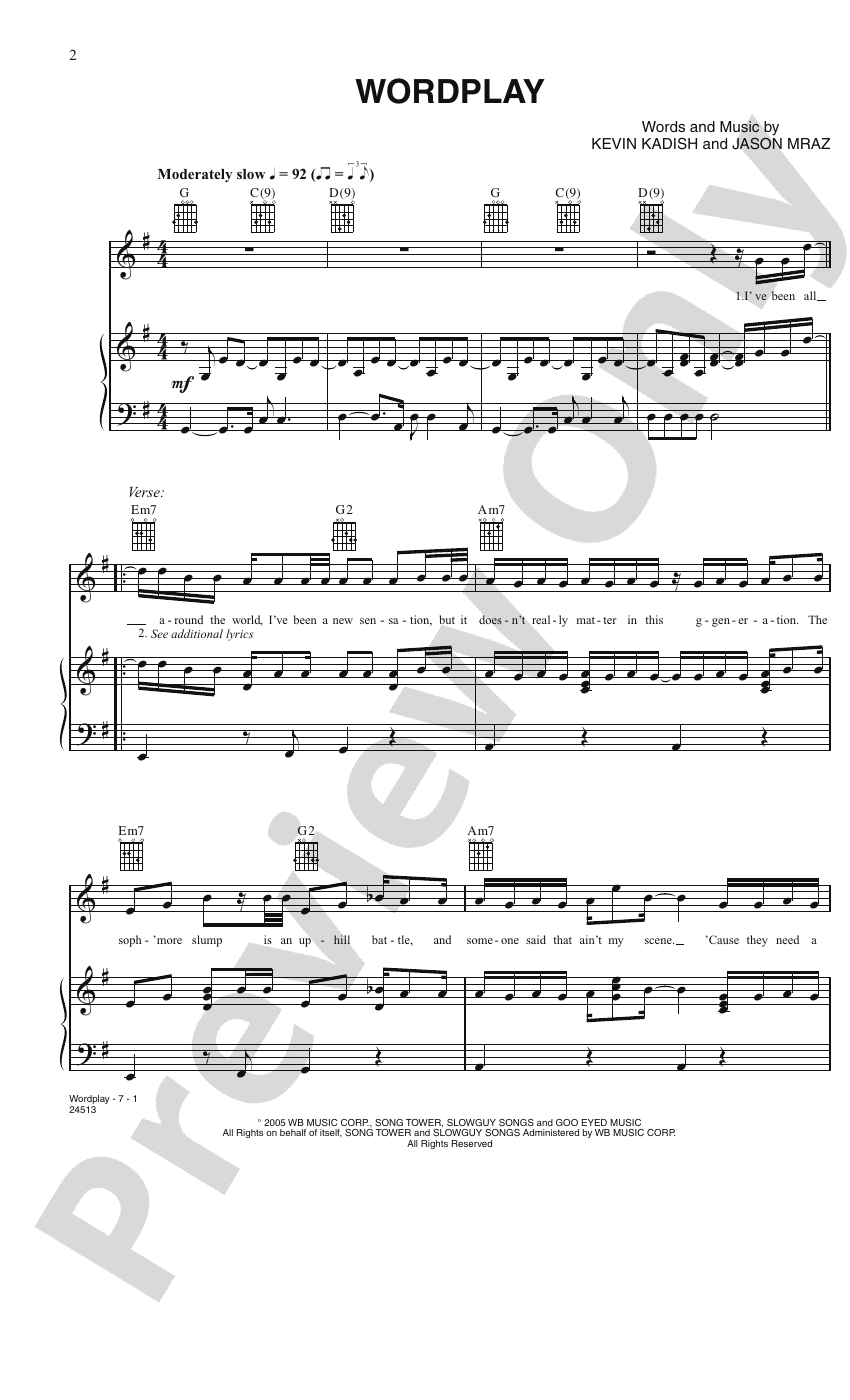 Wordplay: Piano/Vocal/Chords: Jason Mraz - Digital Sheet Music Download