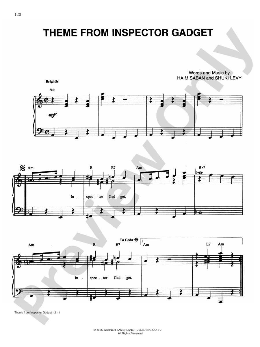 Inspector Gadget Theme: Piano/Vocal/Chords: Haim Saban - Digital Sheet ...