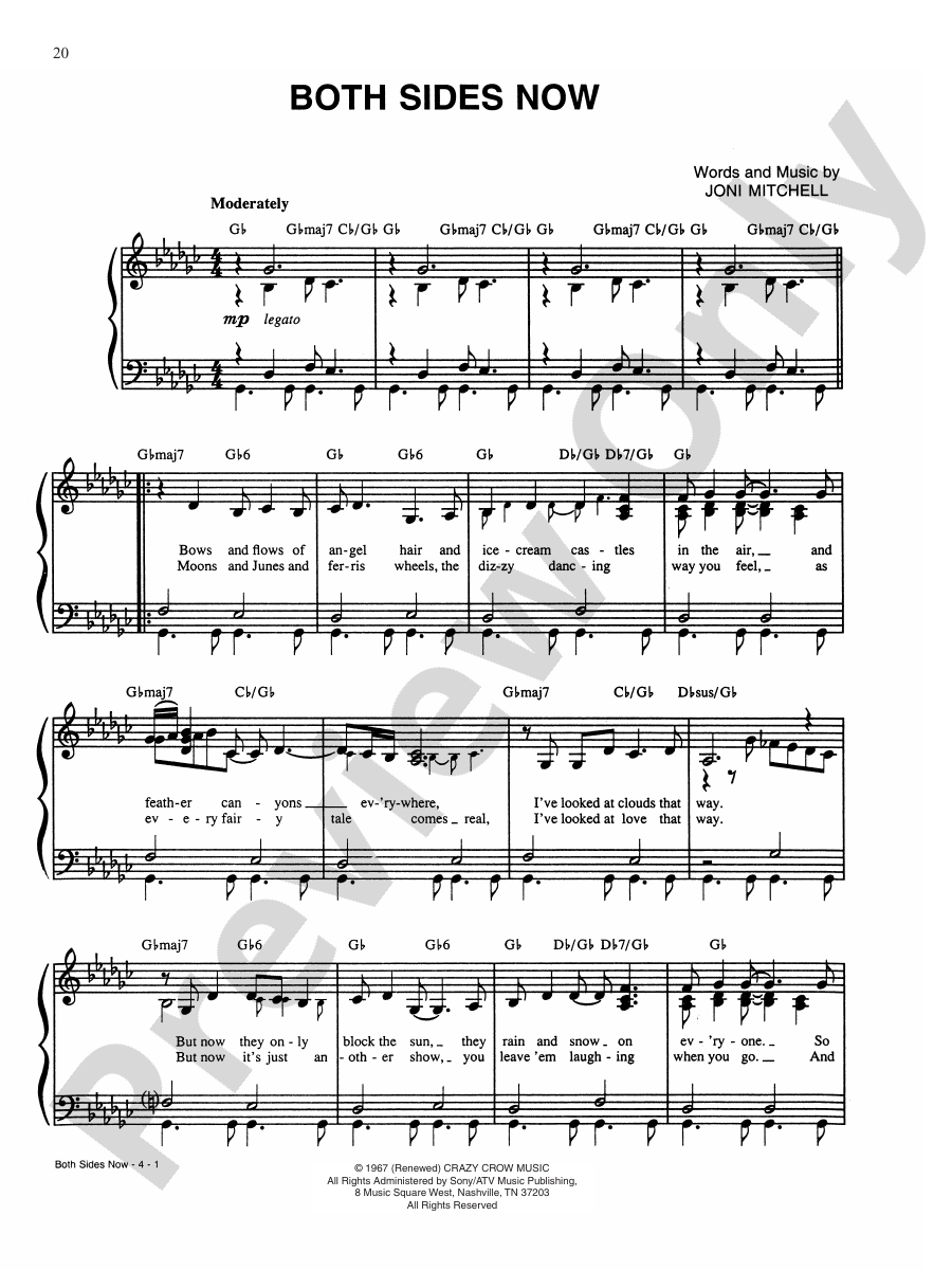 Both Sides Now: Piano/Vocal/Chords: Joni Mitchell - Digital Sheet Music Download