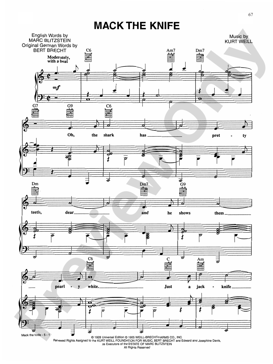 Mack the Knife (from The Threepenny Opera): Piano/Vocal/Chords: Kurt ...