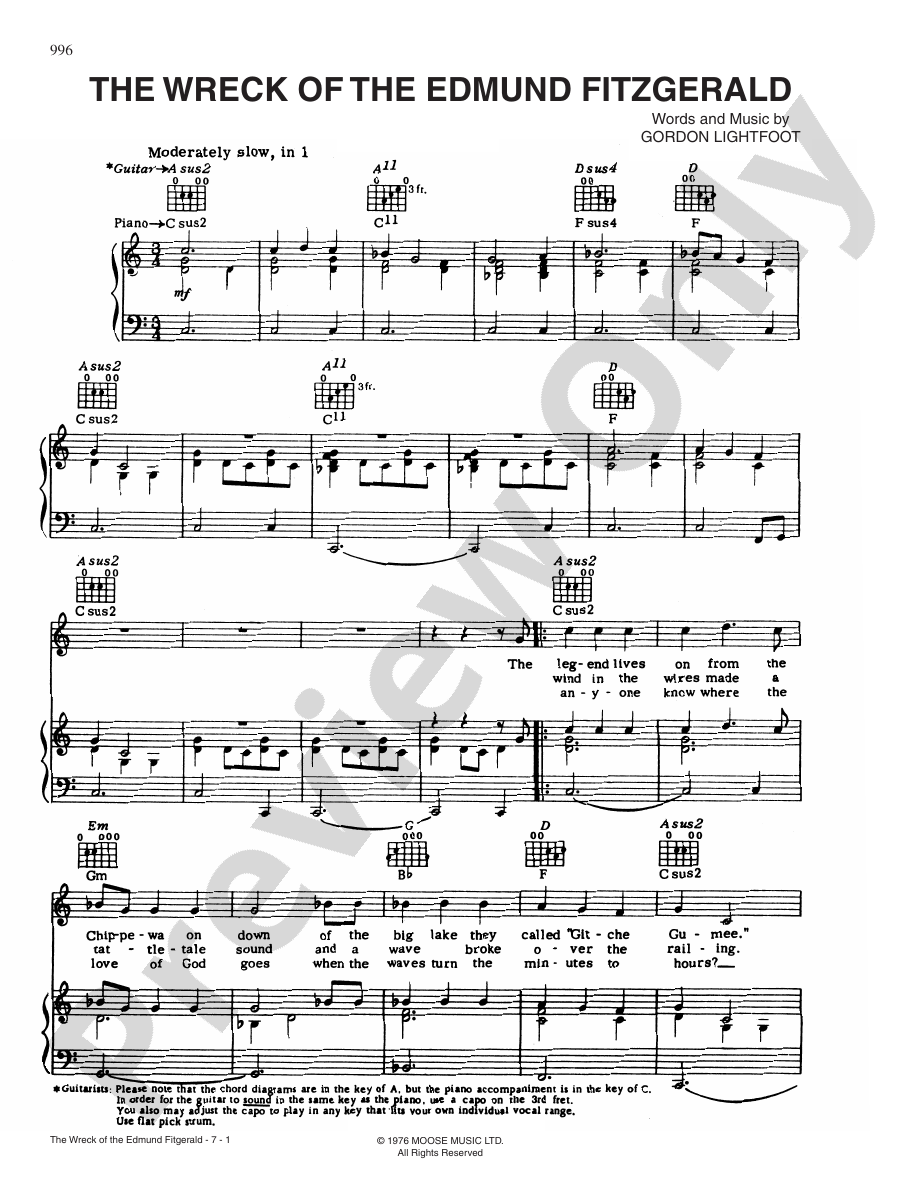 The Wreck of the Edmund Fitzgerald: Piano/Vocal/Chords: Gordon ...