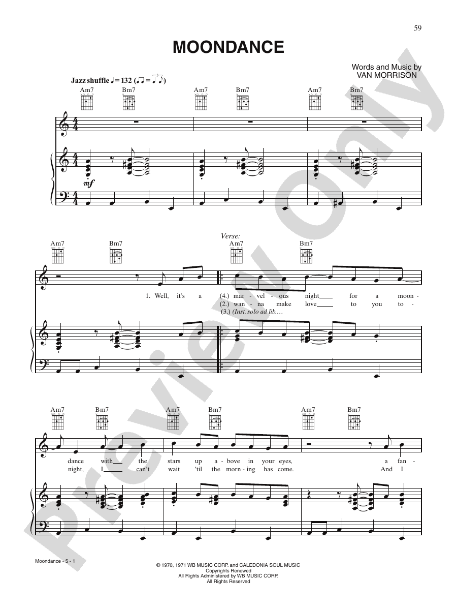 Moondance: Piano/Vocal/Chords: Van Morrison - Digital Sheet Music Download