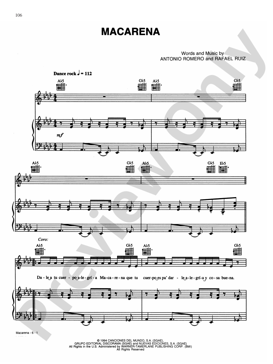 Macarena: Piano/Vocal/Chords: Los Del Rio - Digital Sheet Music Download