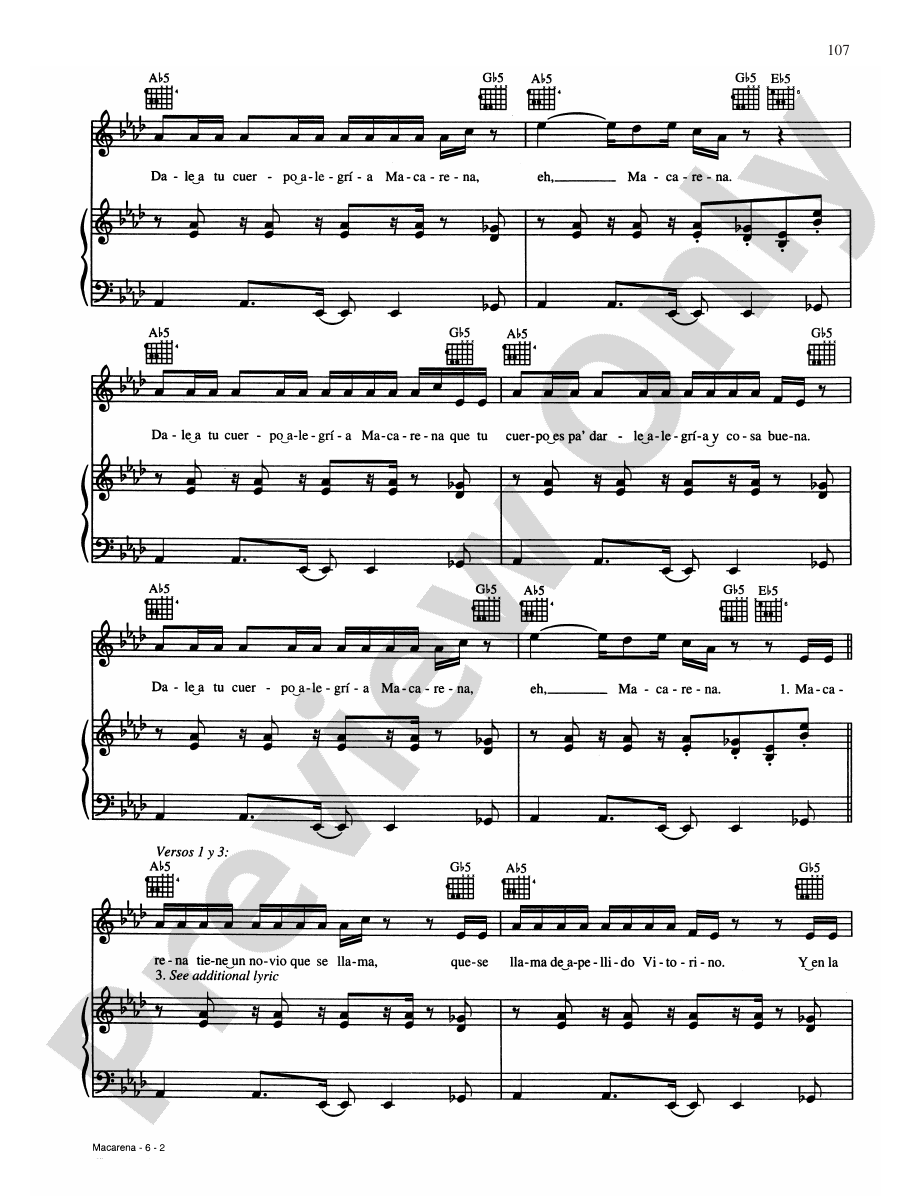 Macarena: Piano/Vocal/Chords: Los Del Rio - Digital Sheet Music Download