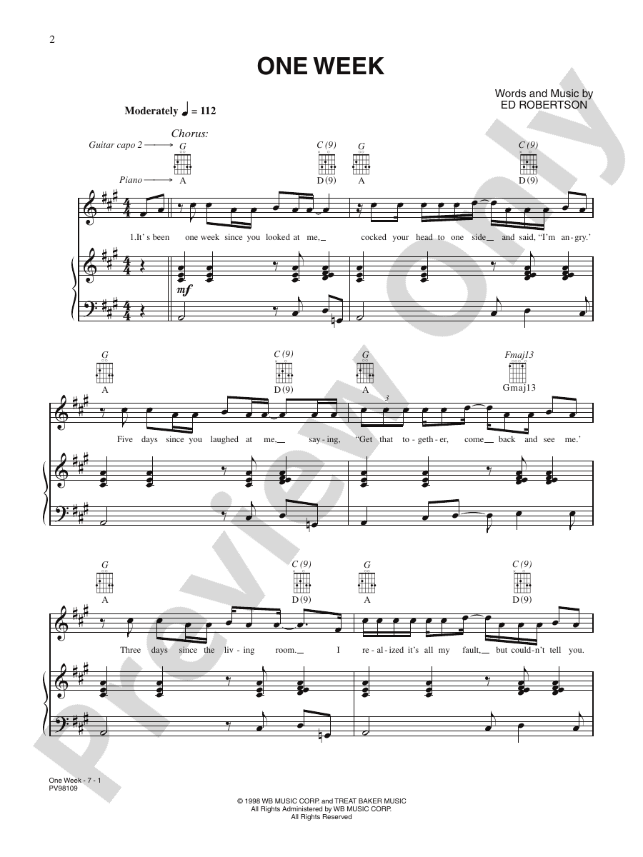 One Week: Piano/Vocal/Chords: Barenaked Ladies - Digital Sheet Music ...