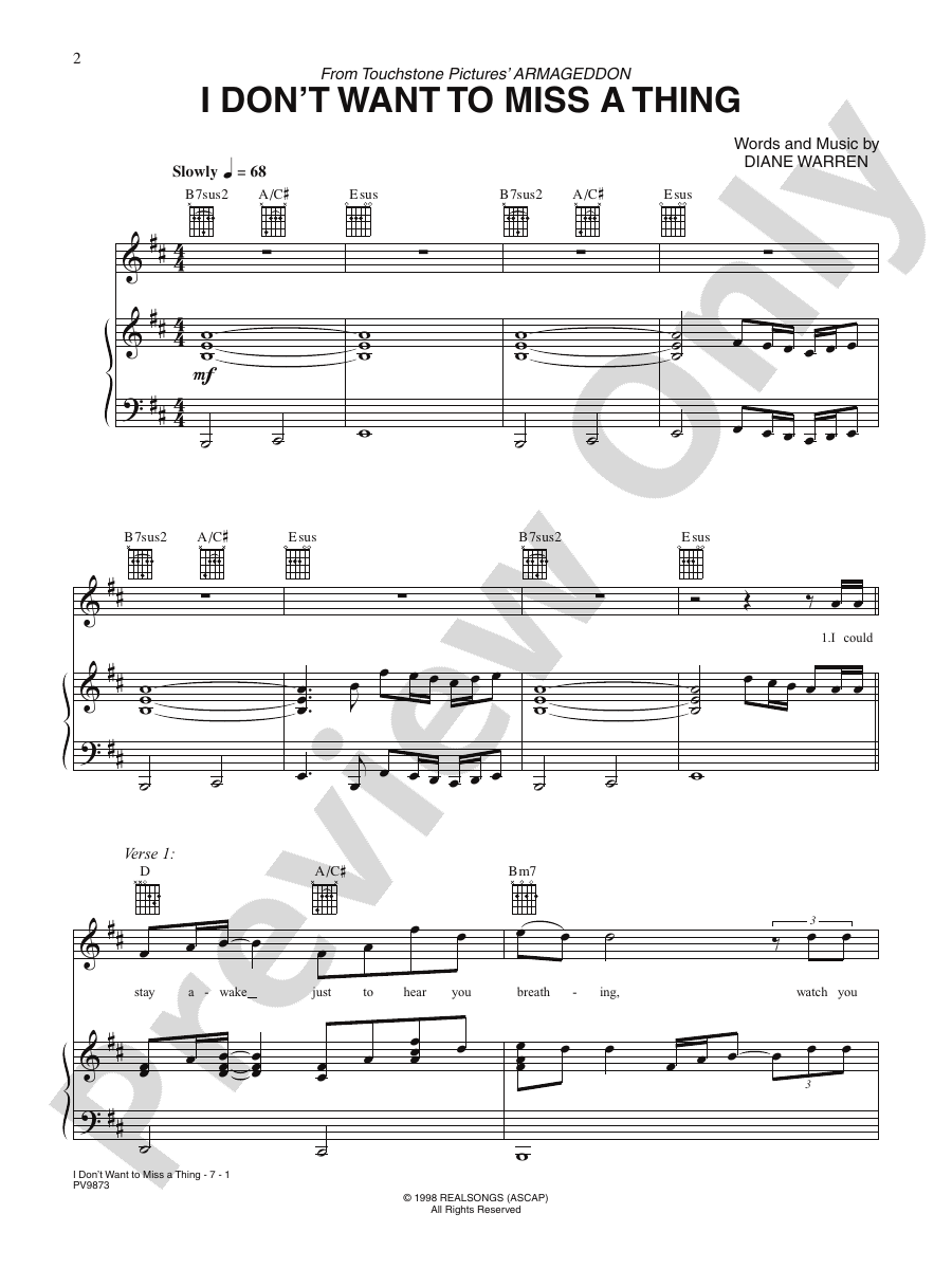 I Don't Want to Miss a Thing (from Armageddon): Piano/Vocal/Chords ...