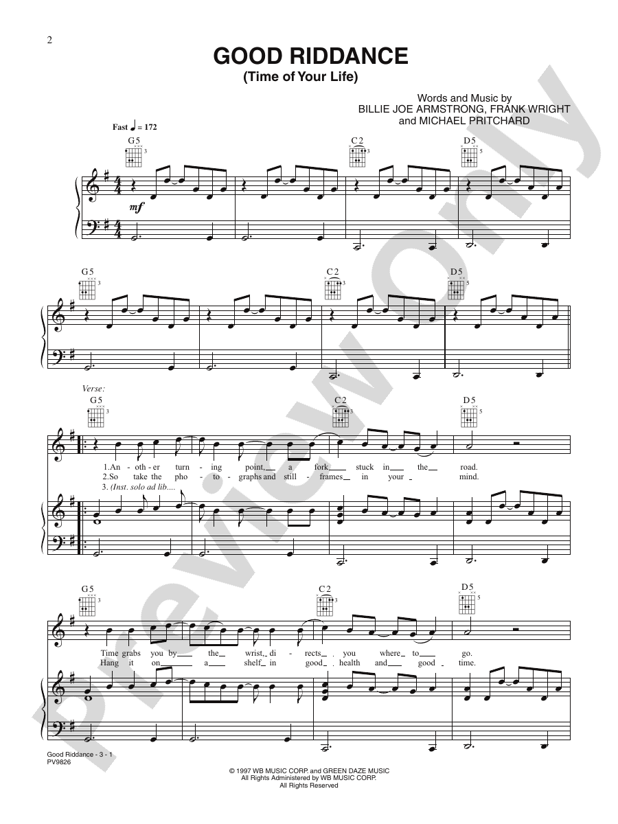 Good Riddance (Time of Your Life): Piano/Vocal/Chords: Green Day ...