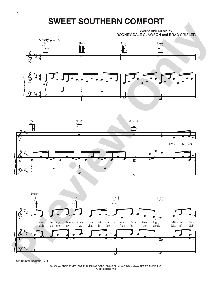 Sweet Southern Comfort: Piano/Vocal/Chords: Buddy Jewell - Digital Sheet Music Download