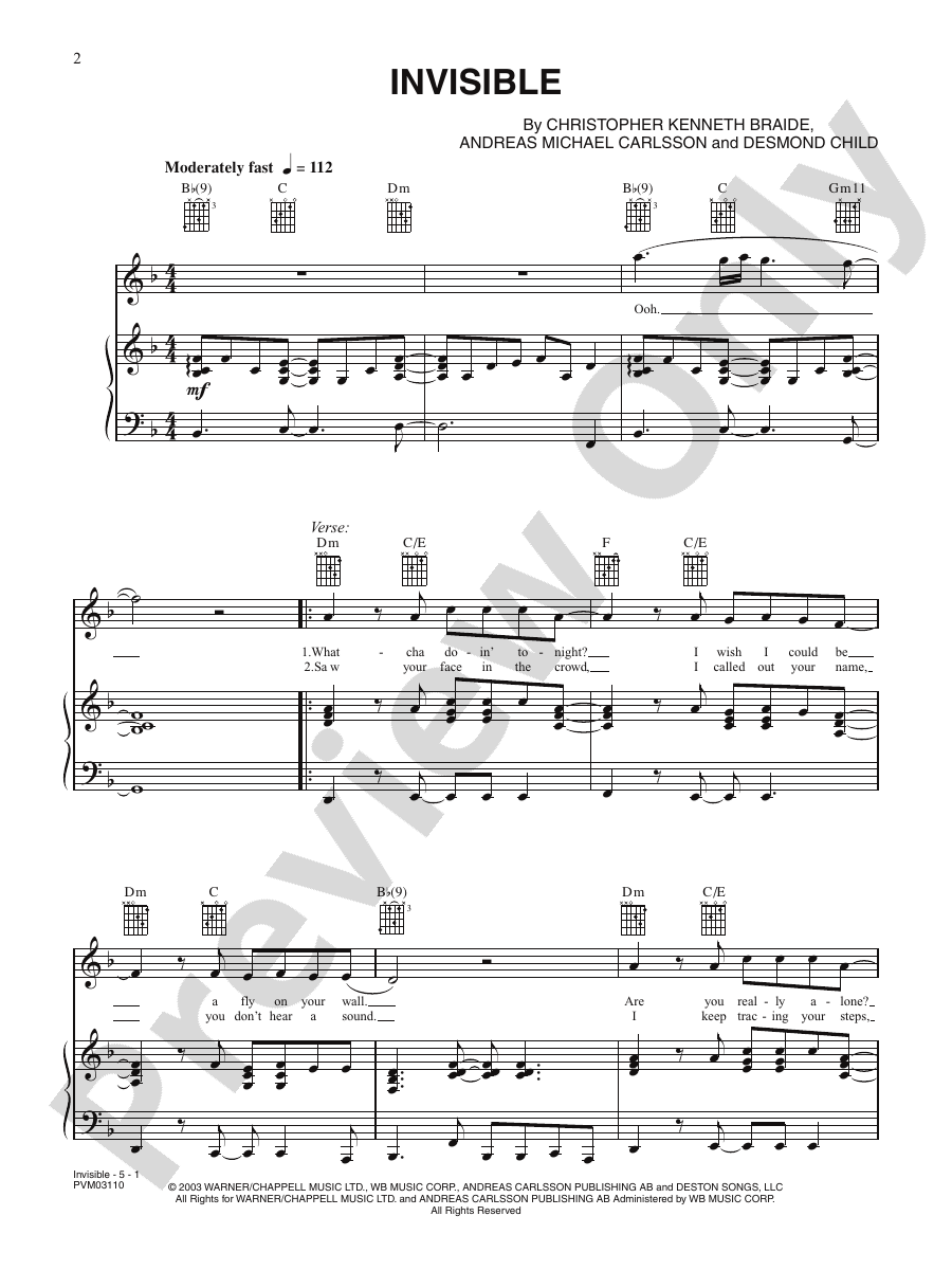 Invisible: Piano/Vocal/Chords: Clay Aiken - Digital Sheet Music Download