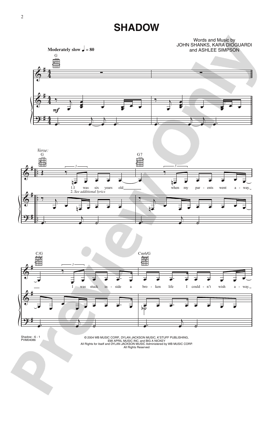 Shadow: Piano/Vocal/Chords: Ashlee Simpson - Digital Sheet Music Download