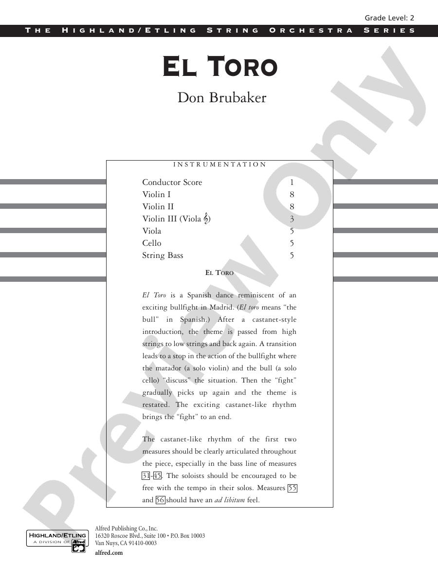 El Toro: String Orchestra Conductor Score & Parts: Don Brubaker ...