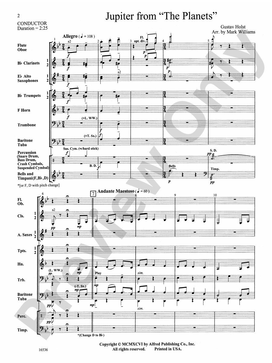 Jupiter from "The Planets": Concert Band Conductor Score & Parts ...