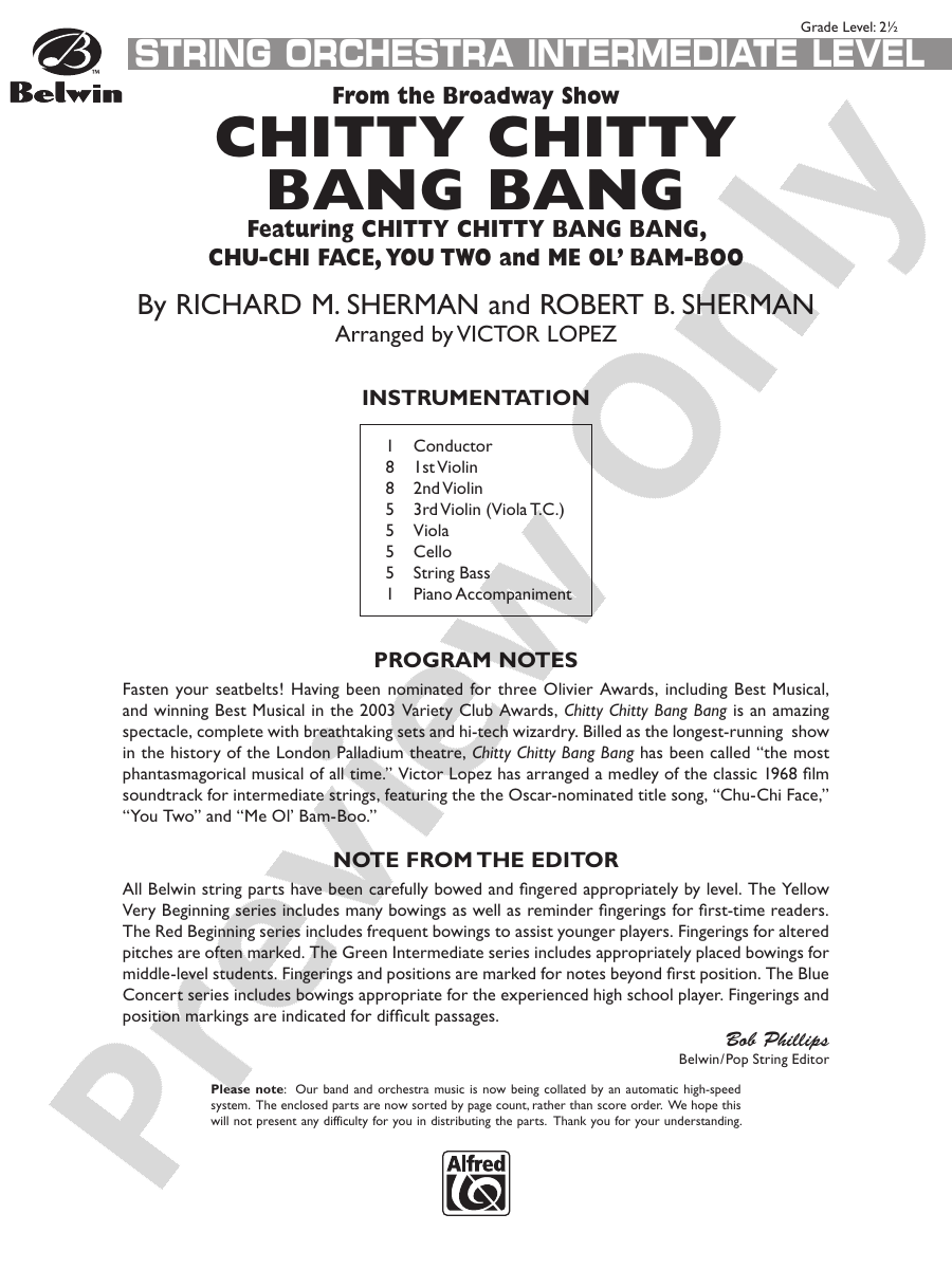 Chitty Chitty Bang Bang: String Orchestra Conductor Score & Parts ...