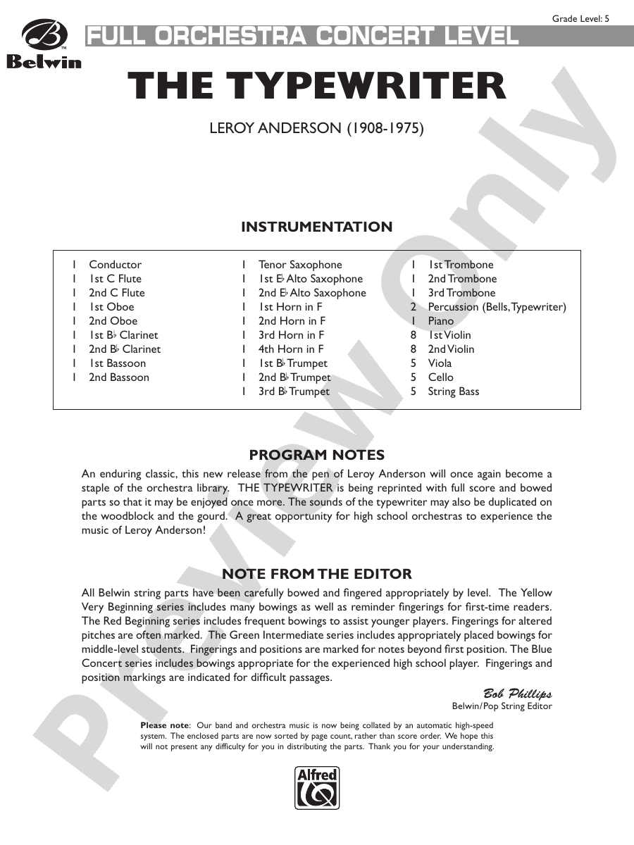 The Typewriter: Full Orchestra Conductor Score & Parts: Leroy Anderson ...