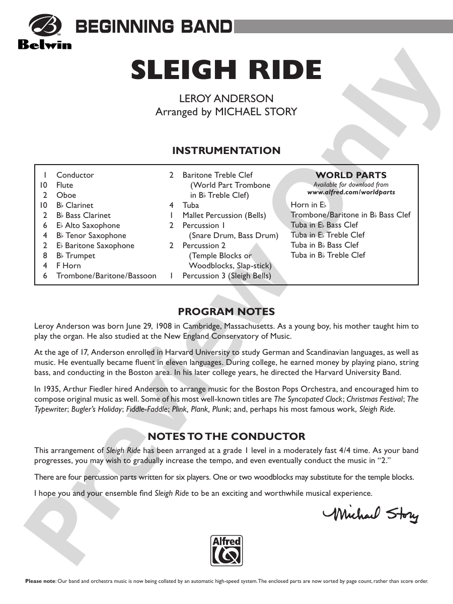 Sleigh Ride: Concert Band Conductor Score & Parts: Leroy Anderson ...