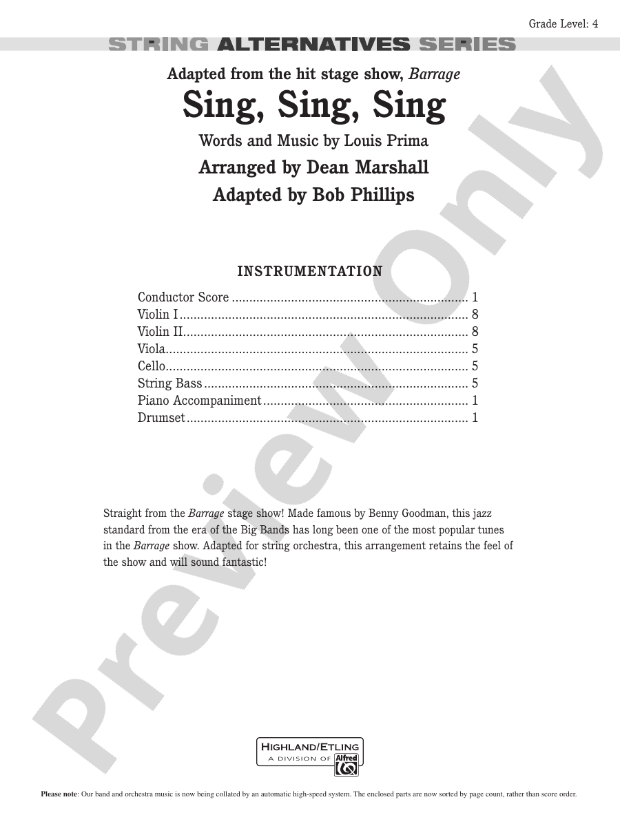 Sing, Sing, Sing (adapted from the stage show Barrage): String Orchestra Conductor Score & Parts ...