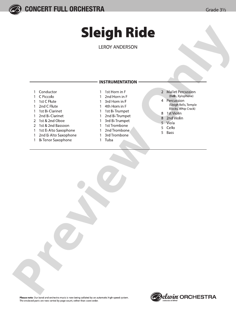 Sleigh Ride: Full Orchestra Conductor Score & Parts: Leroy Anderson ...