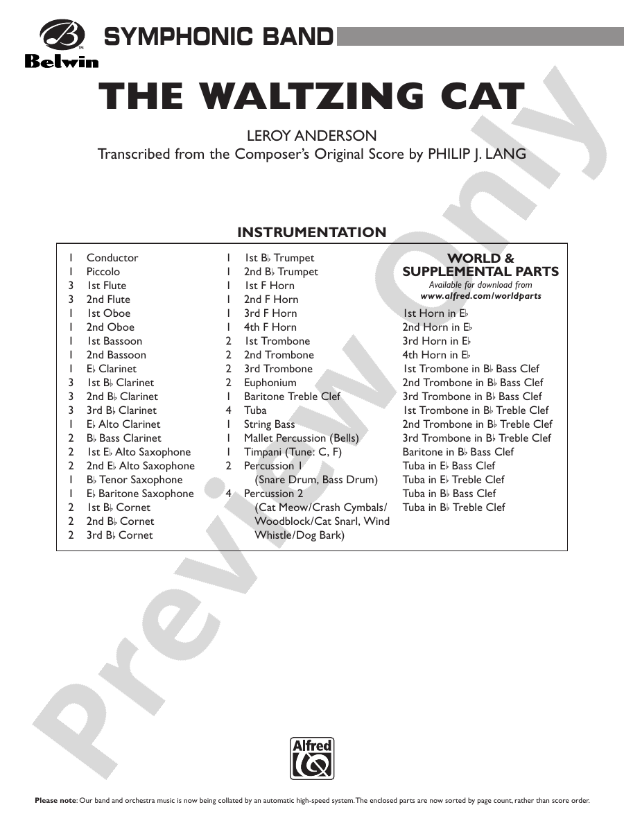 The Waltzing Cat: Concert Band Conductor Score & Parts: Leroy Anderson ...