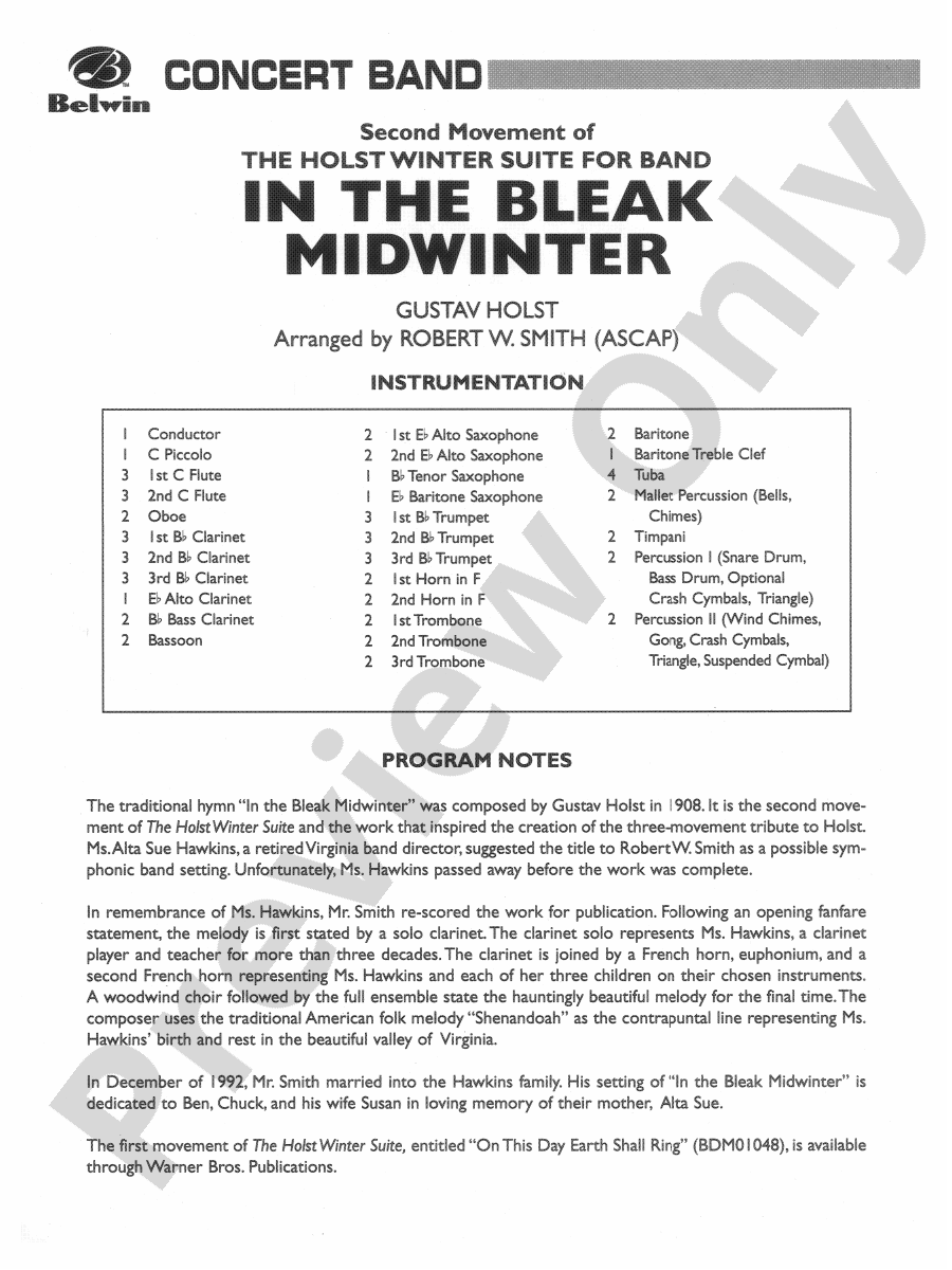 In the Bleak Midwinter: Concert Band Conductor Score & Parts: Gustav ...