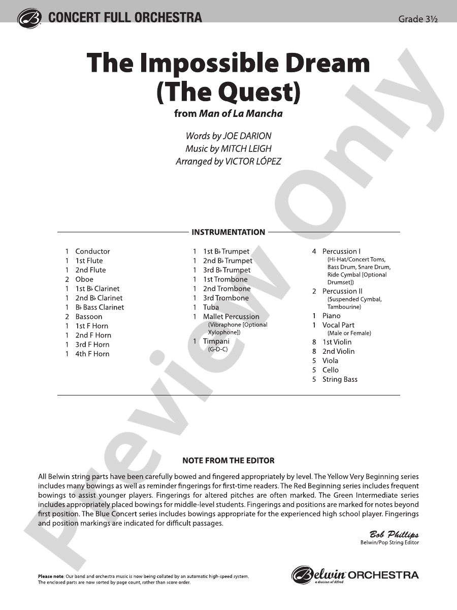 The Impossible Dream (from Man of La Mancha): Full Orchestra Conductor Score & Parts: Mitch ...