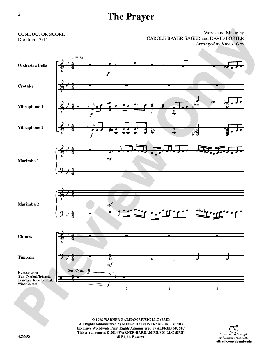 The Prayer: Percussion Ensemble Score & Parts: Carol Bayer Sager ...