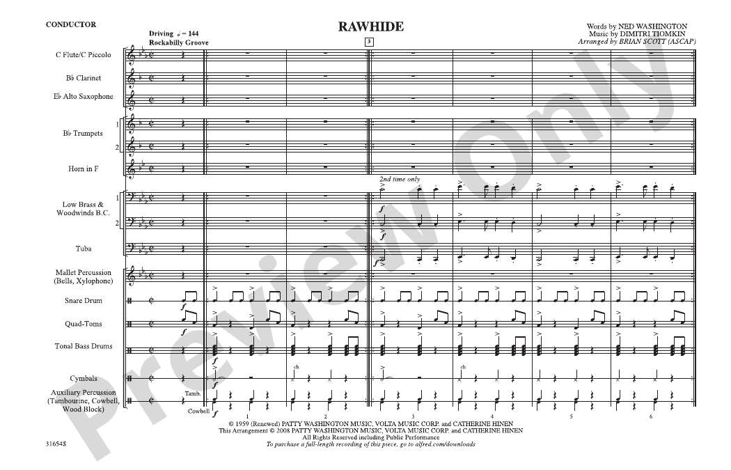 Rawhide: Marching Band Conductor Score & Parts: Dimitri Tiomkin - Digital Sheet Music Download