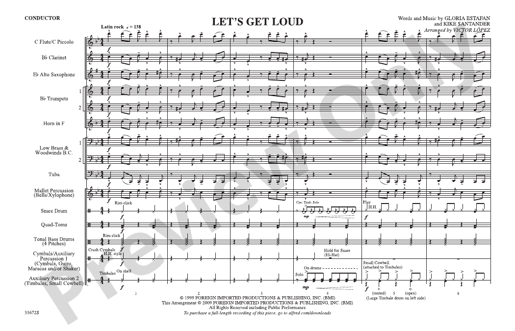 Let's Get Loud: Marching Band Conductor Score & Parts: Gloria Estefan ...