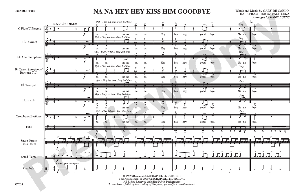 Na Na Hey Hey Kiss Him Goodbye: Marching Band Conductor Score & Parts ...