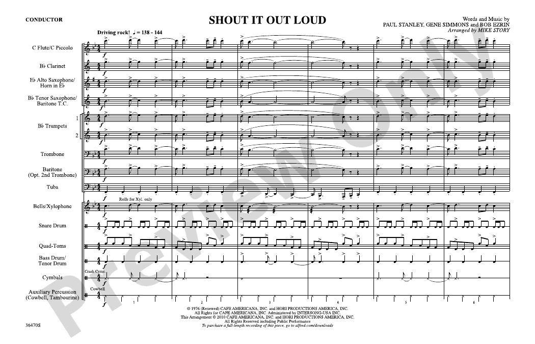 Shout It Out Loud: Marching Band Conductor Score & Parts: KISS ...