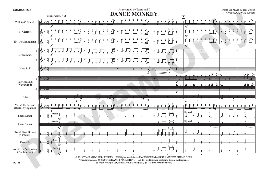 Dance Monkey: Marching Band Conductor Score & Parts: Toni Watson ...