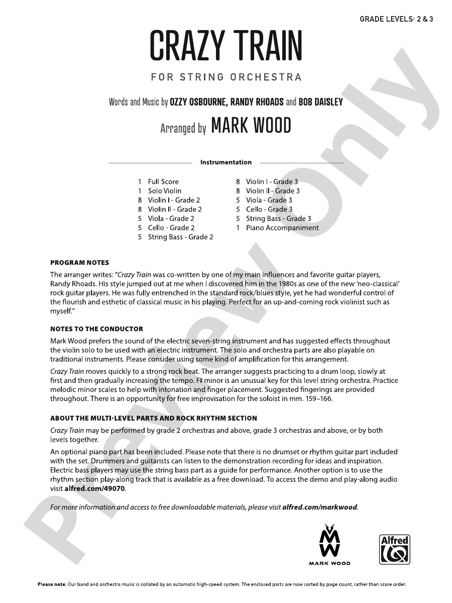 Crazy Train: String Orchestra Conductor Score & Parts: Ozzy Osbourne ...