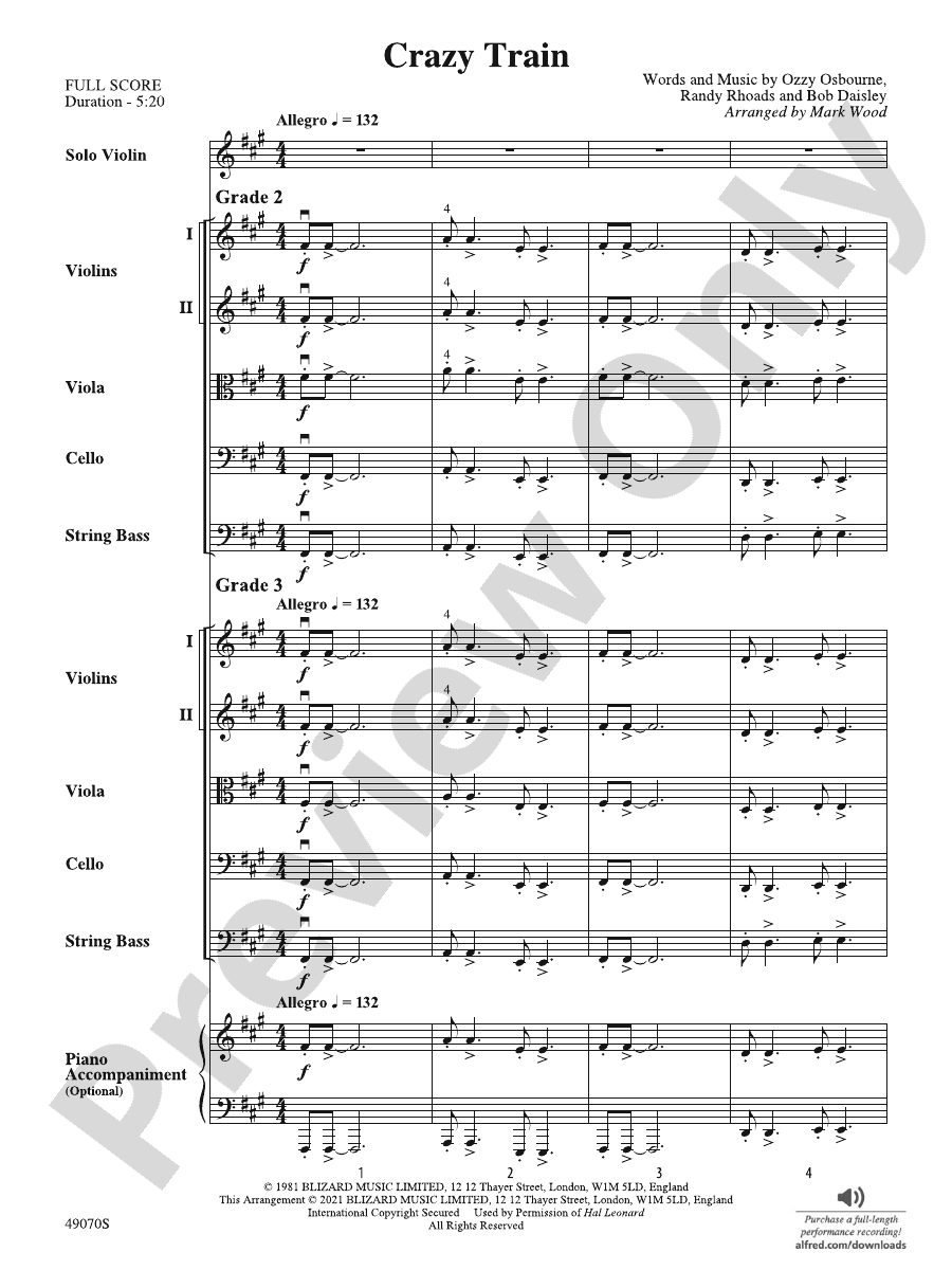 Crazy Train: String Orchestra Conductor Score & Parts: Ozzy Osbourne - Digital Sheet Music Download