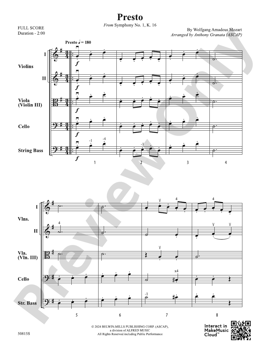 Presto: String Orchestra Conductor Score & Parts: Wolfgang Amadeus ...