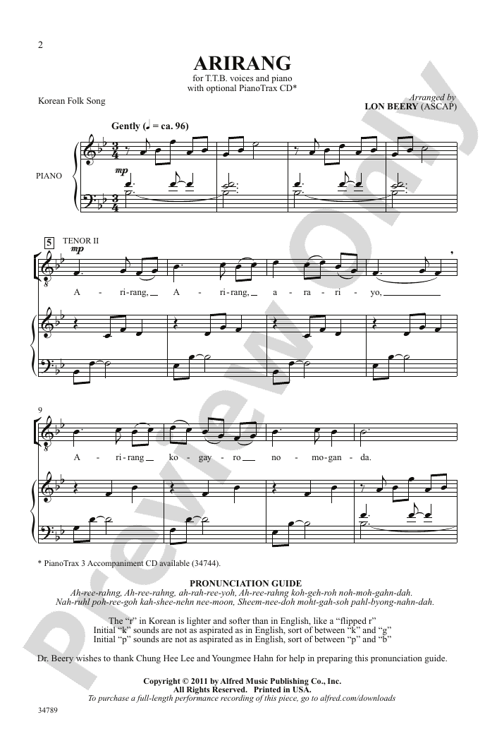 Arirang (Korean Folk Song): TTB Choral Octavo - Digital Sheet Music ...