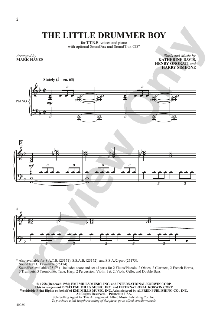 The Little Drummer Boy: TTBB Choral Octavo: Katherine K. Davis ...